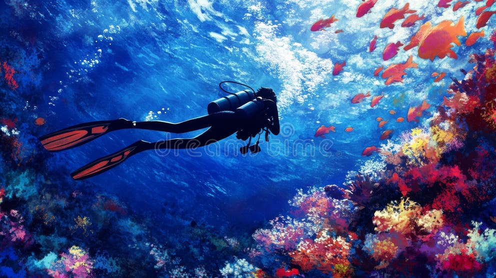 A Comic-style Artwork Showing a Diver Underwater at a Reef, with Fish ...