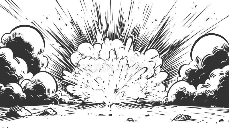 Comic-style Black and White Explosion with Clouds and Dynamic Lines ...