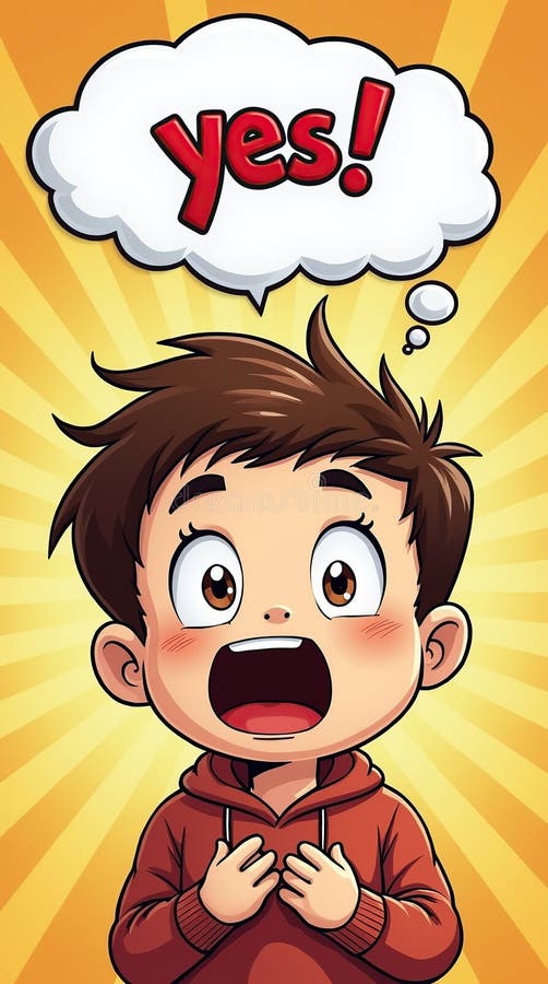 Comic Style Boy with Surprised Expression and Yes Speech Bubble Stock ...