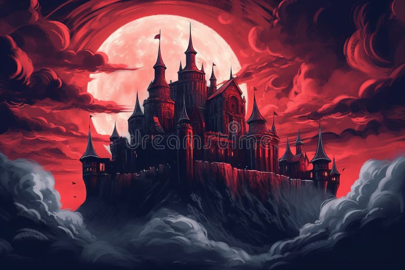 Comic Style Castle in Dramatic Clouds with Full Evil Red Moon ...