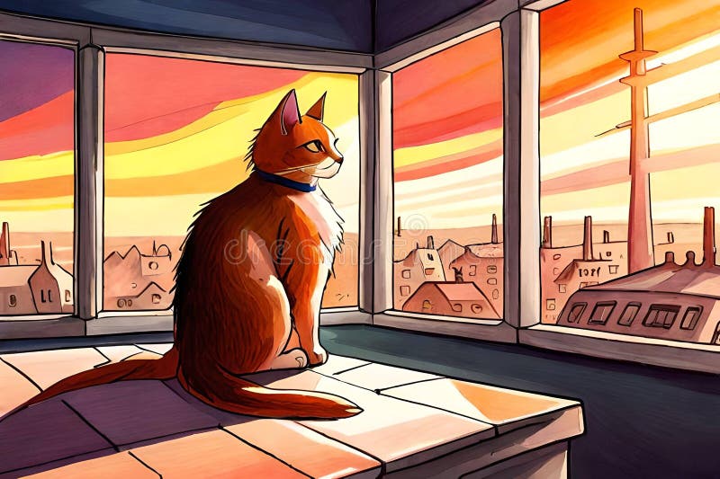 Comic Style Cat on a Wooden Table Inside a Building. Ai Generated Stock ...