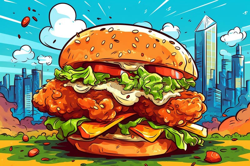 Comic-Style Crispy Chicken Burger. AI Stock Illustration - Illustration ...