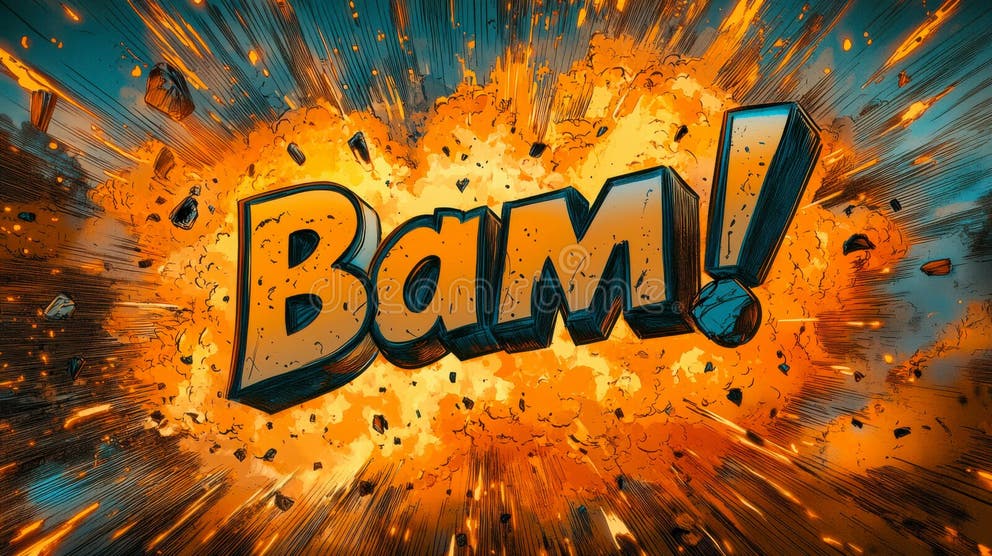 Comic Style Explosion with Dynamic "bam!" Exclamation in Action Scene ...