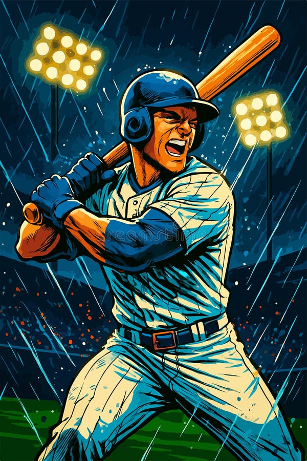 Baseball Player in Action Under the Rain. Stock Illustration ...