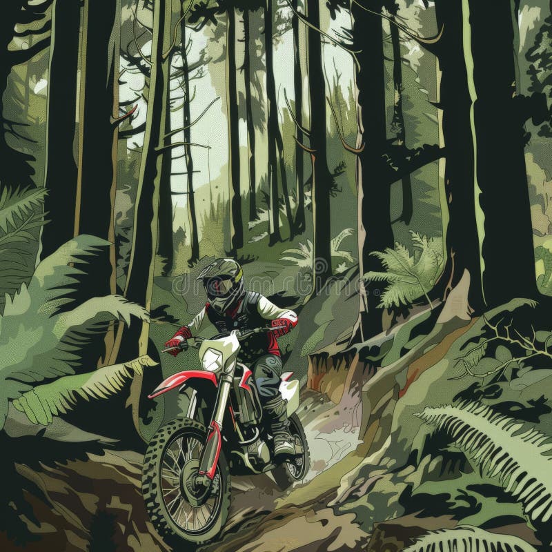 Comic Style Illustration of a Dirt Bike Sliding through a Dense Forest ...