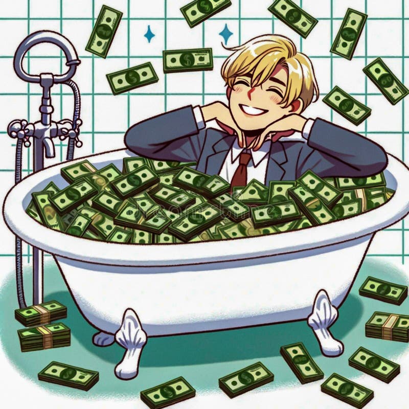 Comic-Style Illustration of Man Bathing in a Tub of Dollar Bills ...