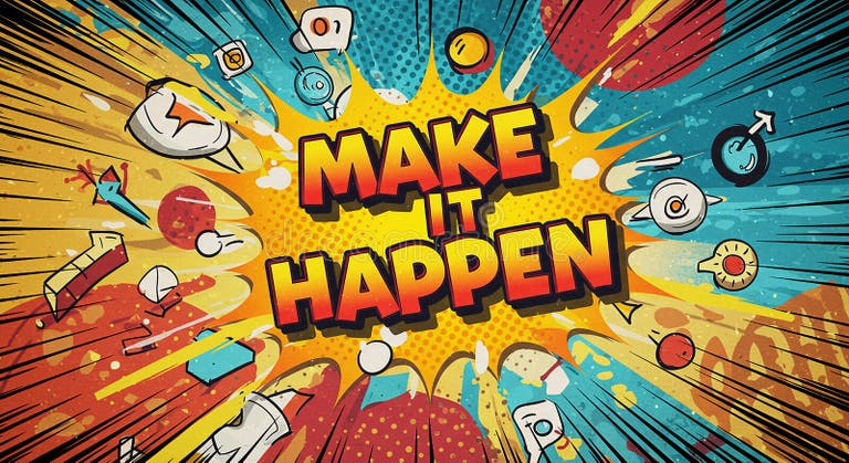 Comic-style Illustration with the Phrase "MAKE it HAPPEN" in Bold, Black-bordered Letters on a ...