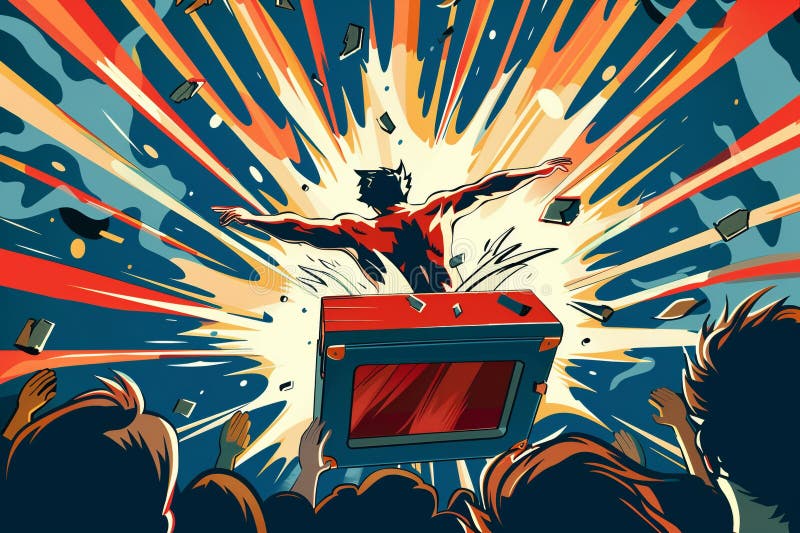 Comicstyle Illustration of a Superhero Box Bursting Open on Stage Stock ...