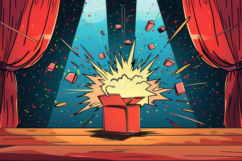 Comicstyle Illustration of a Superhero Box Bursting Open on Stage Stock ...