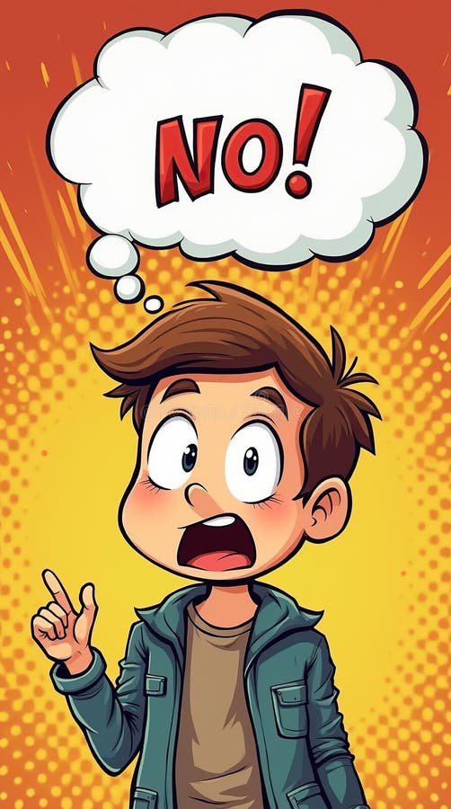 Comic Style Surprised Boy with Speech Bubble Saying No Stock ...