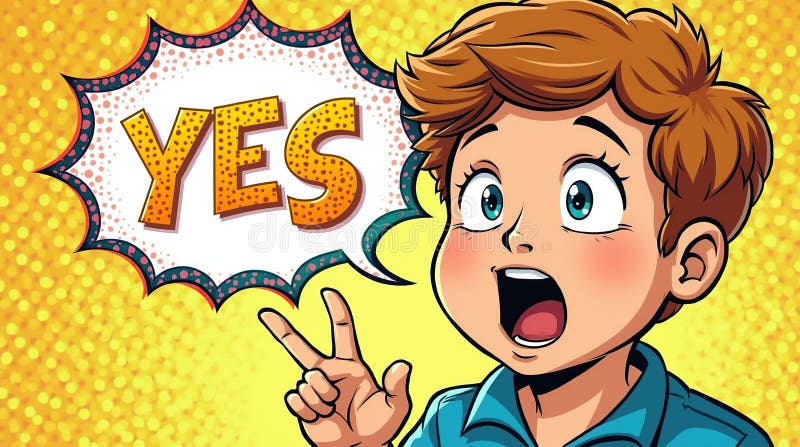 Comic Style Surprised Boy with Speech Bubble Saying Yes Stock ...