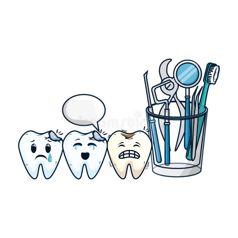Comic Teeth with Dentist Equipment Characters Stock Vector ...