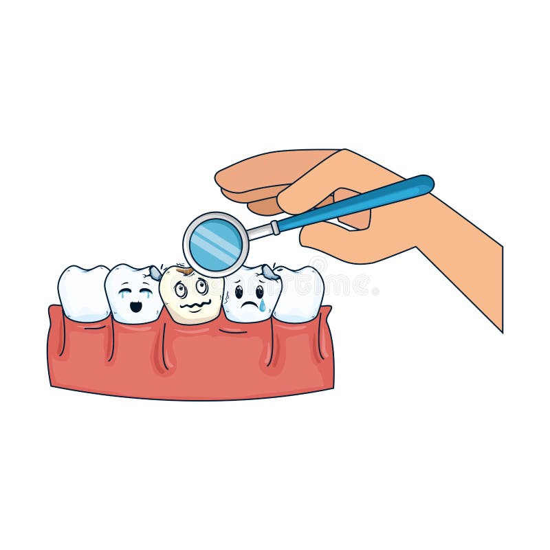 Comic Teeth with Dentist Hand Using Mirror Stock Vector - Illustration ...