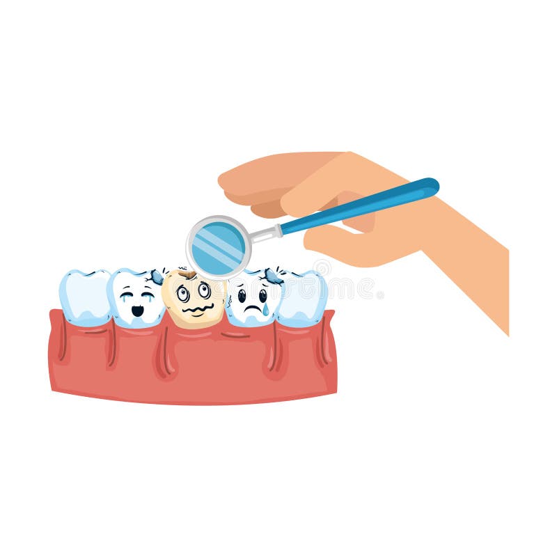 Comic Teeth with Dentist Hand Using Mirror Stock Vector - Illustration ...
