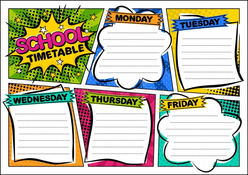 Comic Template of a School Schedule for 5 Days of the Week Stock Vector ...