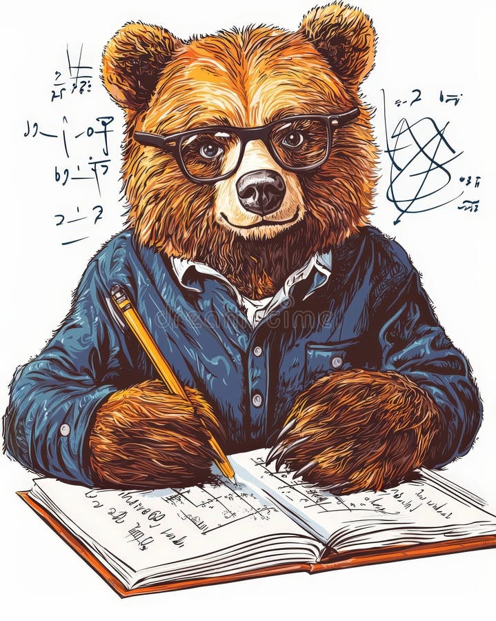 Whimsical Bear in Glasses Studies with Pencil and Notebook Surrounded ...
