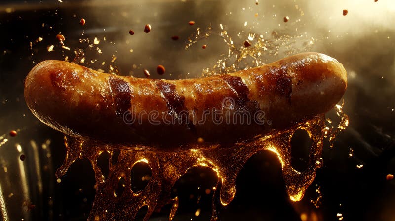 A Comical Bratwurst Hovers Above a Sizzling Pan with Sauce Splashing ...