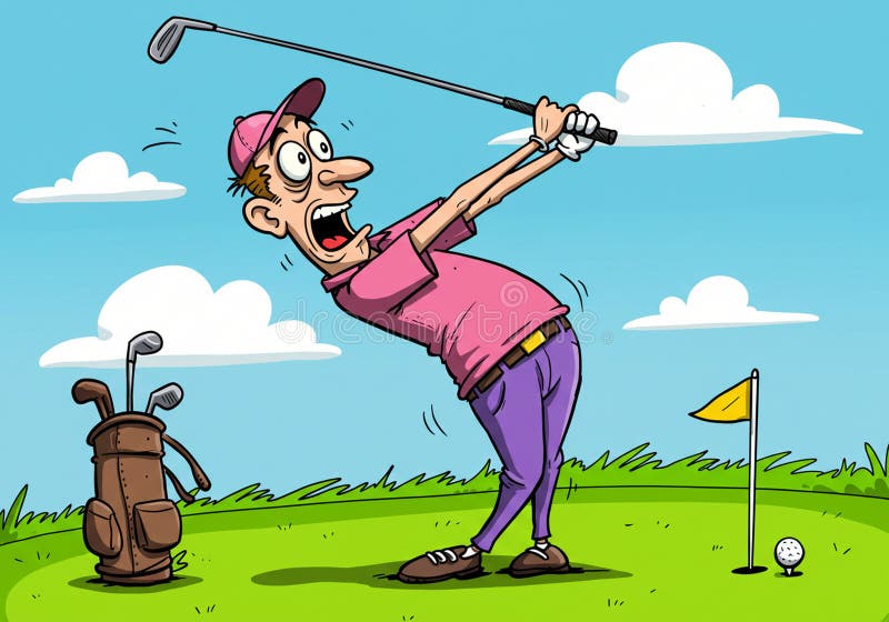 A Hilarious Golf Swing: Cartoon Golfer S Dramatic Shot Stock ...