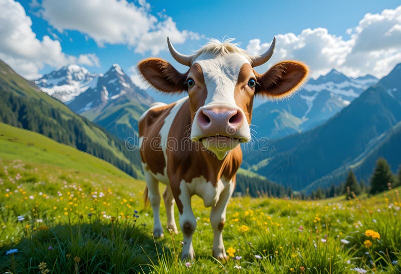 A Comical Cow Standing on a Lush Green Meadow, Looking Directly into ...