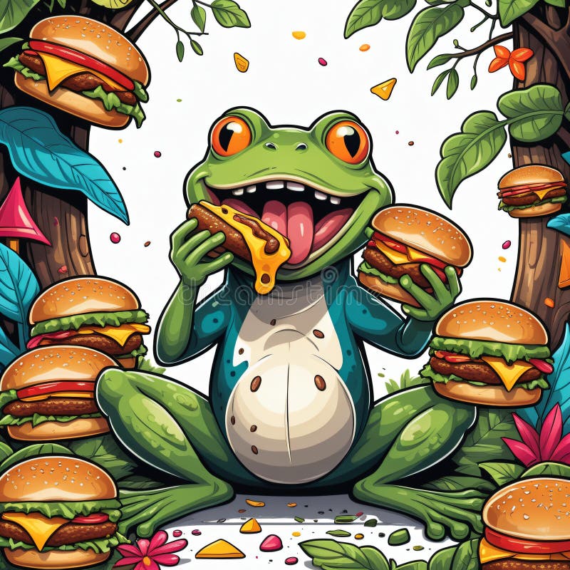 Playful Frog Eats Burger, Tongue Out Stock Illustration - Illustration ...