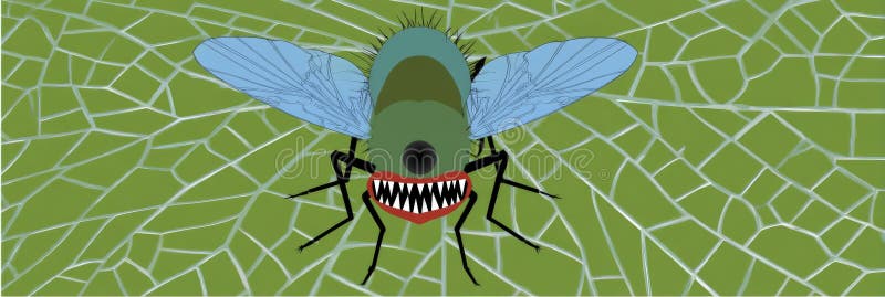 Cartoon Fly with Sharp Teeth on Green Mosaic Background Stock ...
