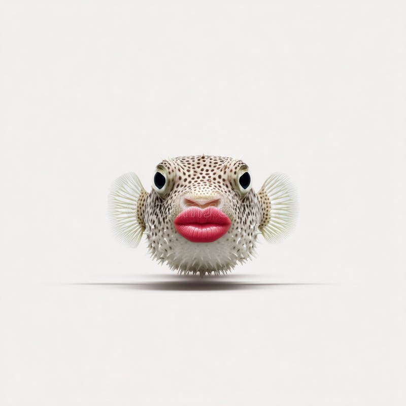 A Comical Pufferfish Portrait Featuring Oversized Red Lips Against a ...