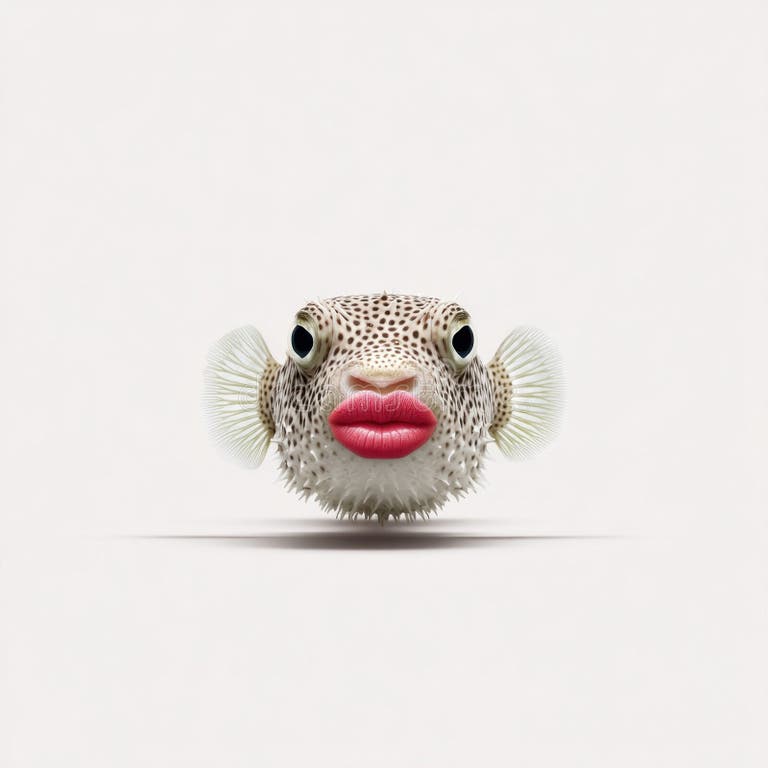 A Comical Pufferfish Portrait Featuring Oversized Red Lips Against a ...