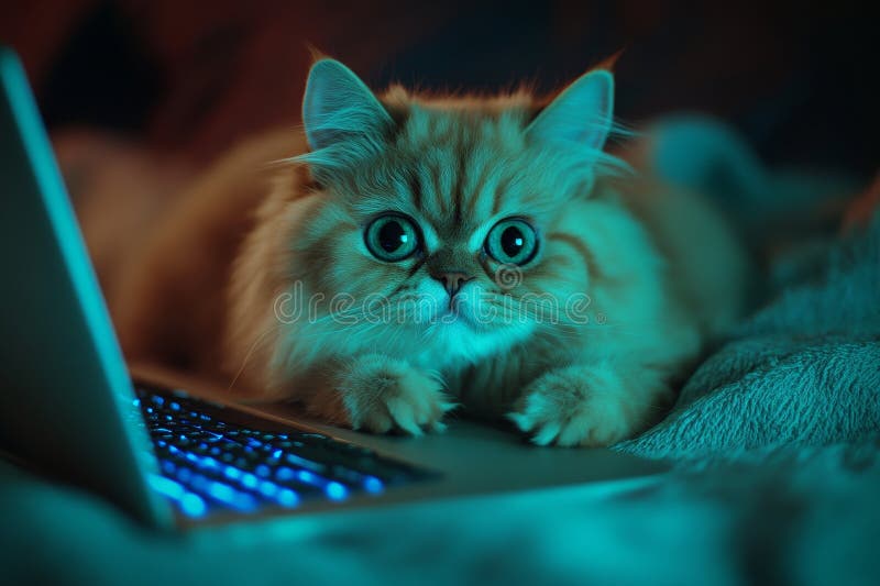 In a Comical Scene, a Domestic Cat is Sitting at a Laptop Computer ...
