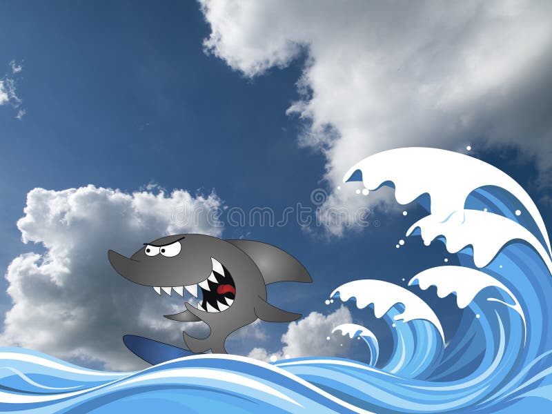 Comical shark surfer stock image. Image of cloudy, maritime - 194463197