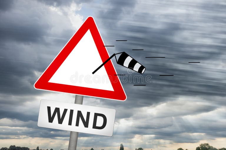 Comical Wind Warning Sign Gets Blown Away by a Storm Stock Image ...