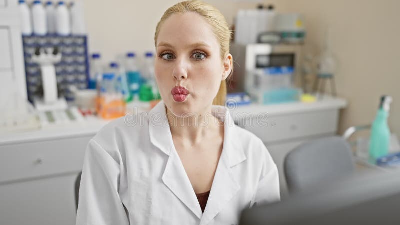 Comical Young Blonde Scientist, with a Crazy Fish Face, Having Fun at ...