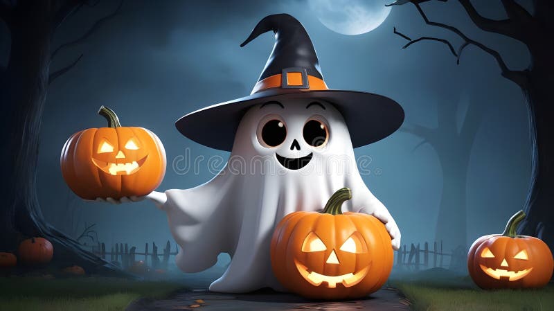 Whimsical Halloween Ghosts and Pumpkins in 3d Animation Stock ...