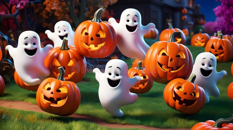3d Halloween Animation with Cheerful Ghosts and Pumpkins Stock ...