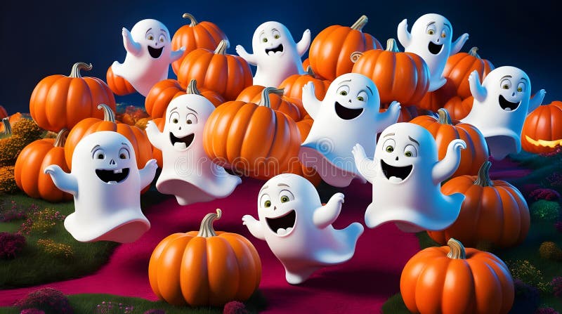 Whimsical Halloween Scene with Animated Ghosts and Pumpkins Stock ...