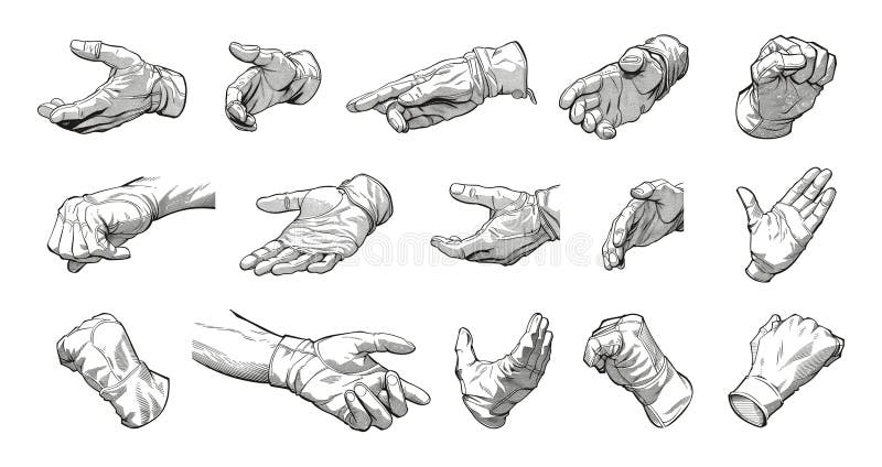 Comics Hand Poses in Glove Set. White Wrist Vector Set, Black and White ...
