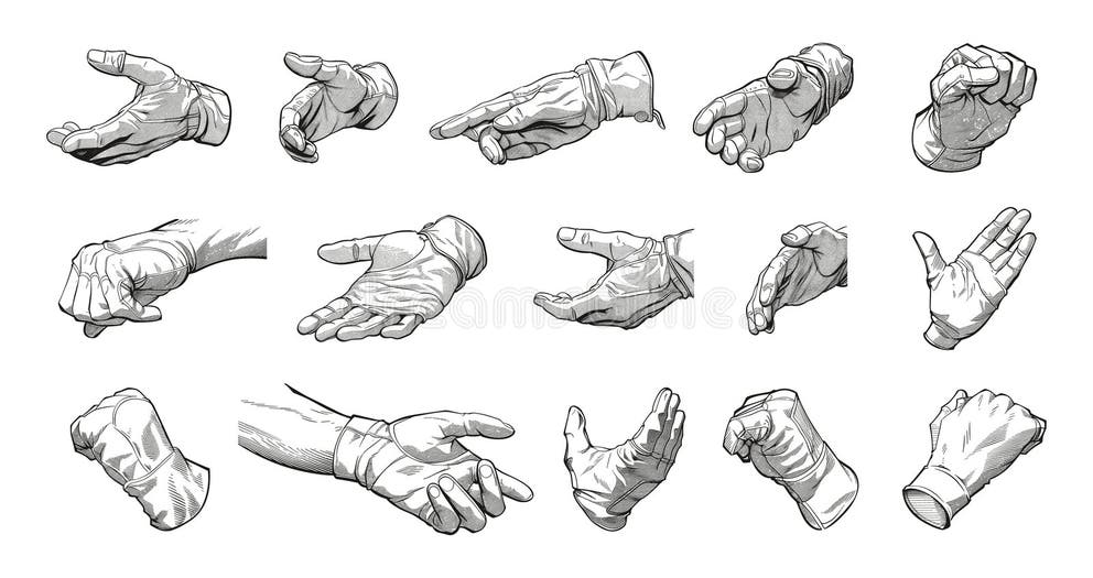 Comics Hand Poses in Glove Set. White Wrist Vector Set, Black and White ...