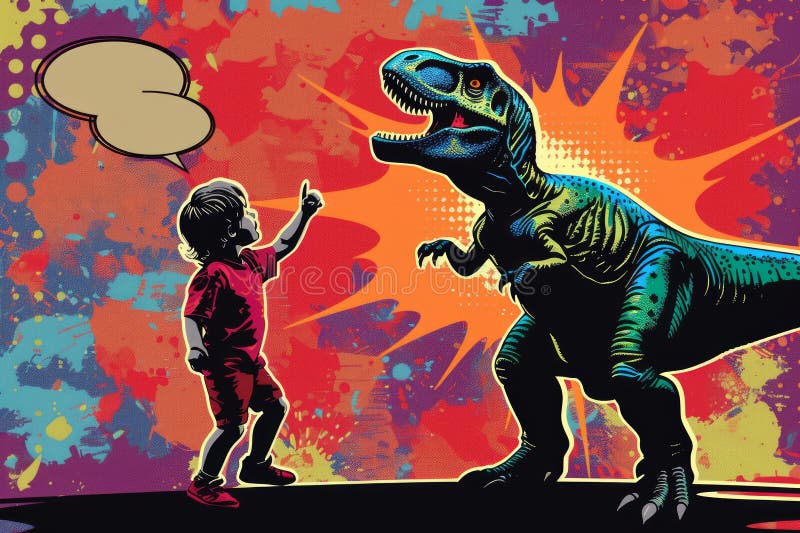 Comics Scene Child and T-Rex with Dialogue Bubble Stock Illustration ...