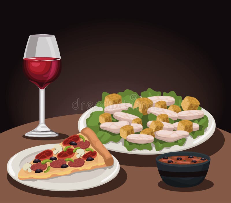 Comida Italiana Con Copa De Vino Ilustración del Vector - Ilustración ...
