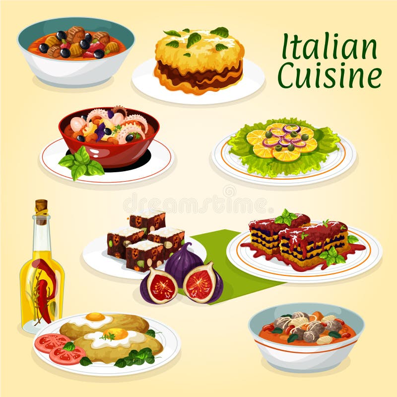 Comidas Y Postres Italianos De La Cena De La Cocina Ilustración del ...