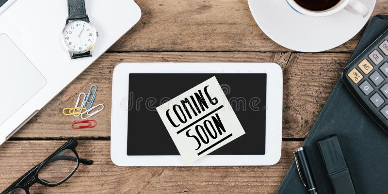 Coming Soon on Note on Phone on Office Desk with Computer Techno Stock ...