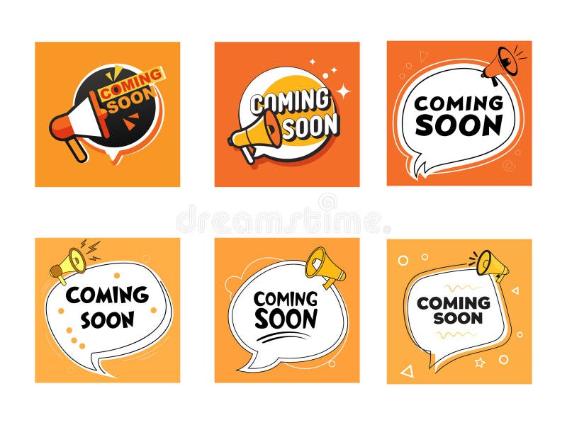 Coming Soon Poster Set with Megaphone and Speech Bubble in Flat Comic ...