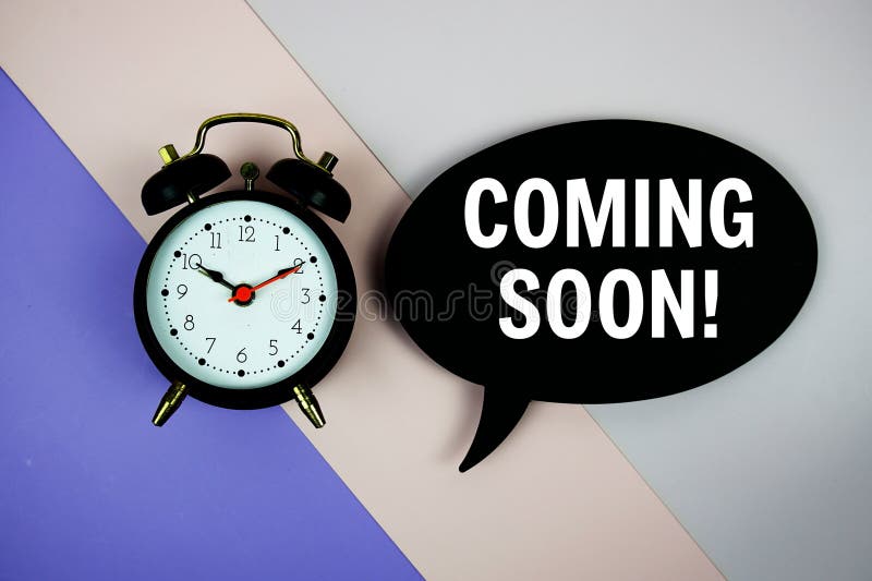 Coming Soon! Text on Speech Bubble with Alarm Clock Top View on Purple ...