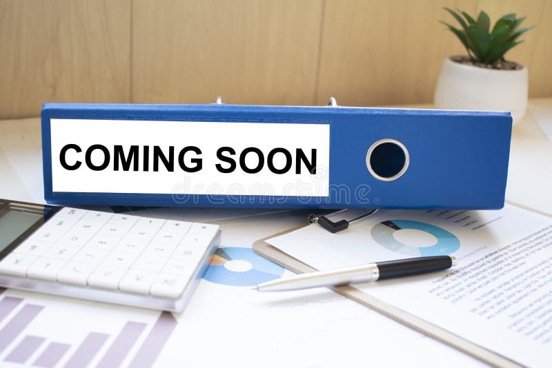 Coming Soon Words on Labels with Document Binders Stock Image - Image ...