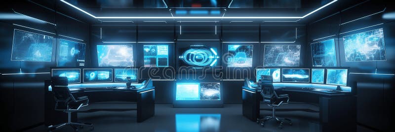 Command Center Interior Banner. 3d Room with Neon Light. Sci-fi Concept ...
