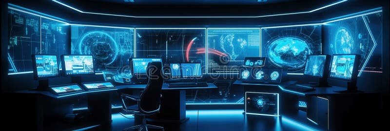 Command Center Interior Banner. 3d Room with Neon Light. Sci-fi Concept ...