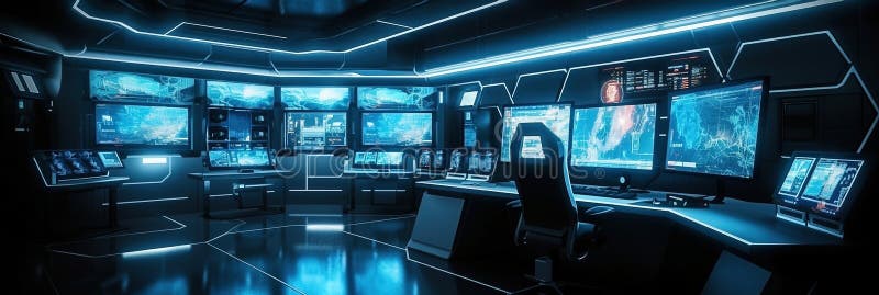 Command Center Interior Banner. 3d Room with Neon Light. Sci-fi Concept ...