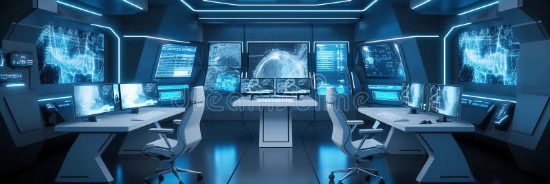 Command Center Interior Banner. 3d Room with Neon Light. Sci-fi Concept ...