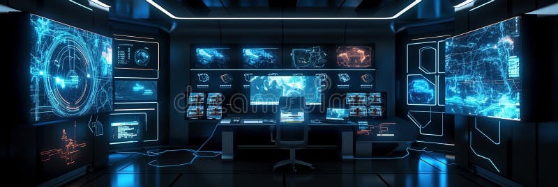 Command Center Interior Banner. 3d Room with Neon Light. Sci-fi Concept ...