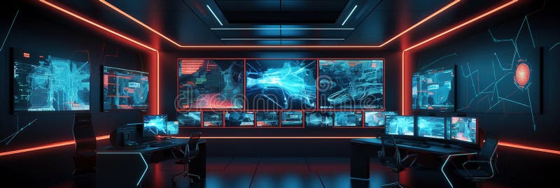 Command Center Interior Banner. 3d Room with Neon Light. Sci-fi Concept ...