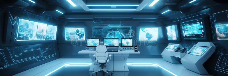Command Center Interior Banner. 3d Room with Neon Light. Sci-fi Concept ...
